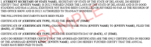 Sample Certificate Wording - Division of Corporations - State of Delaware