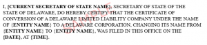 Sample Certificate Wording - Division of Corporations - State of Delaware