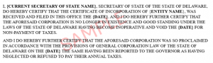 Sample Certificate Wording - Division of Corporations - State of Delaware