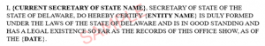 Sample Certificate Wording - Division of Corporations - State of Delaware
