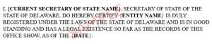 Sample Certificate Wording - Division of Corporations - State of Delaware